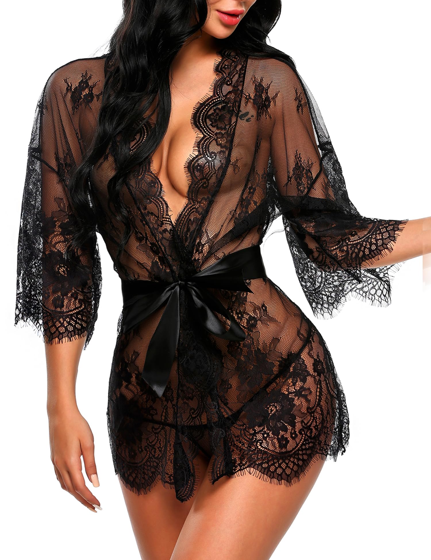 Avidlove lace nightgown lingerie Women's Lace Kimono Robe Babydoll Lingerie Mesh Nightgown Black XL
