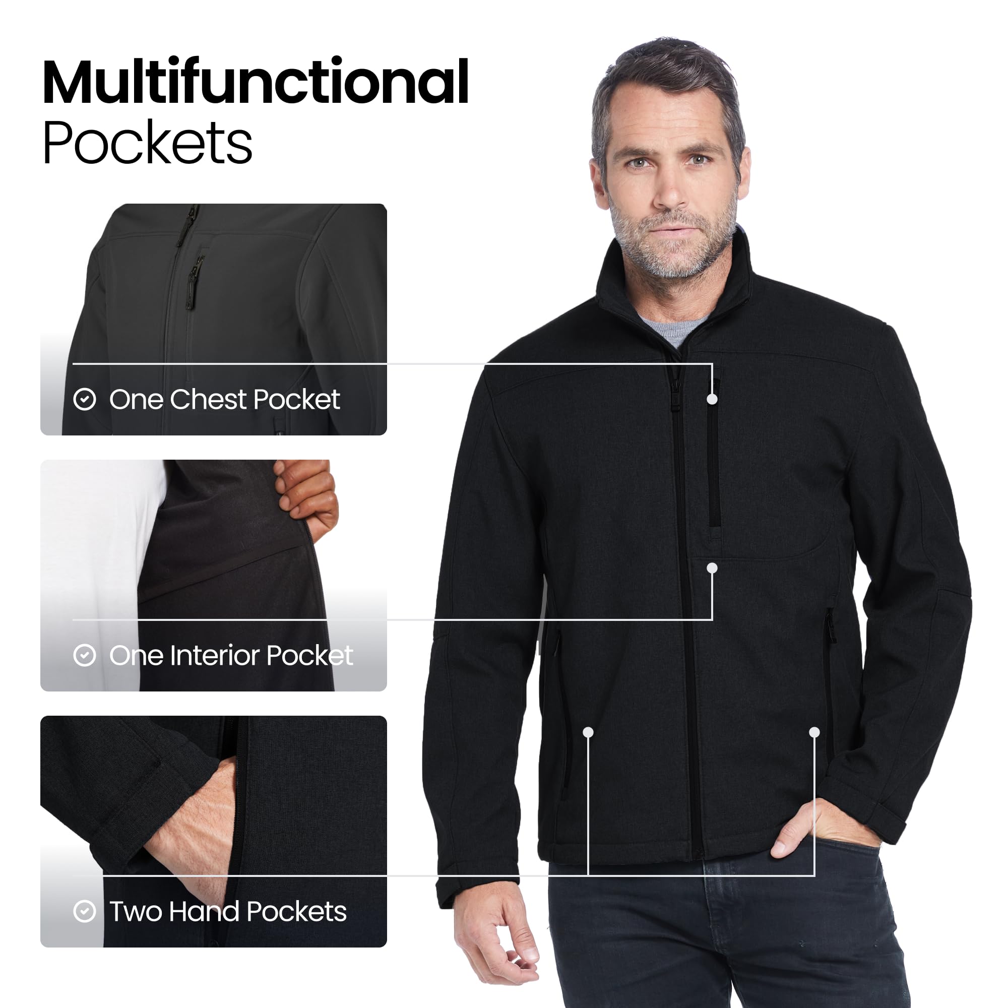 Weatherproof Midweight Softshell Jackets for Men - Water Resistant Zip-Up Men's Jacket with Stand Collar, Lightweight Windbreaker for Winter & Outdoor Activities, Black Medium