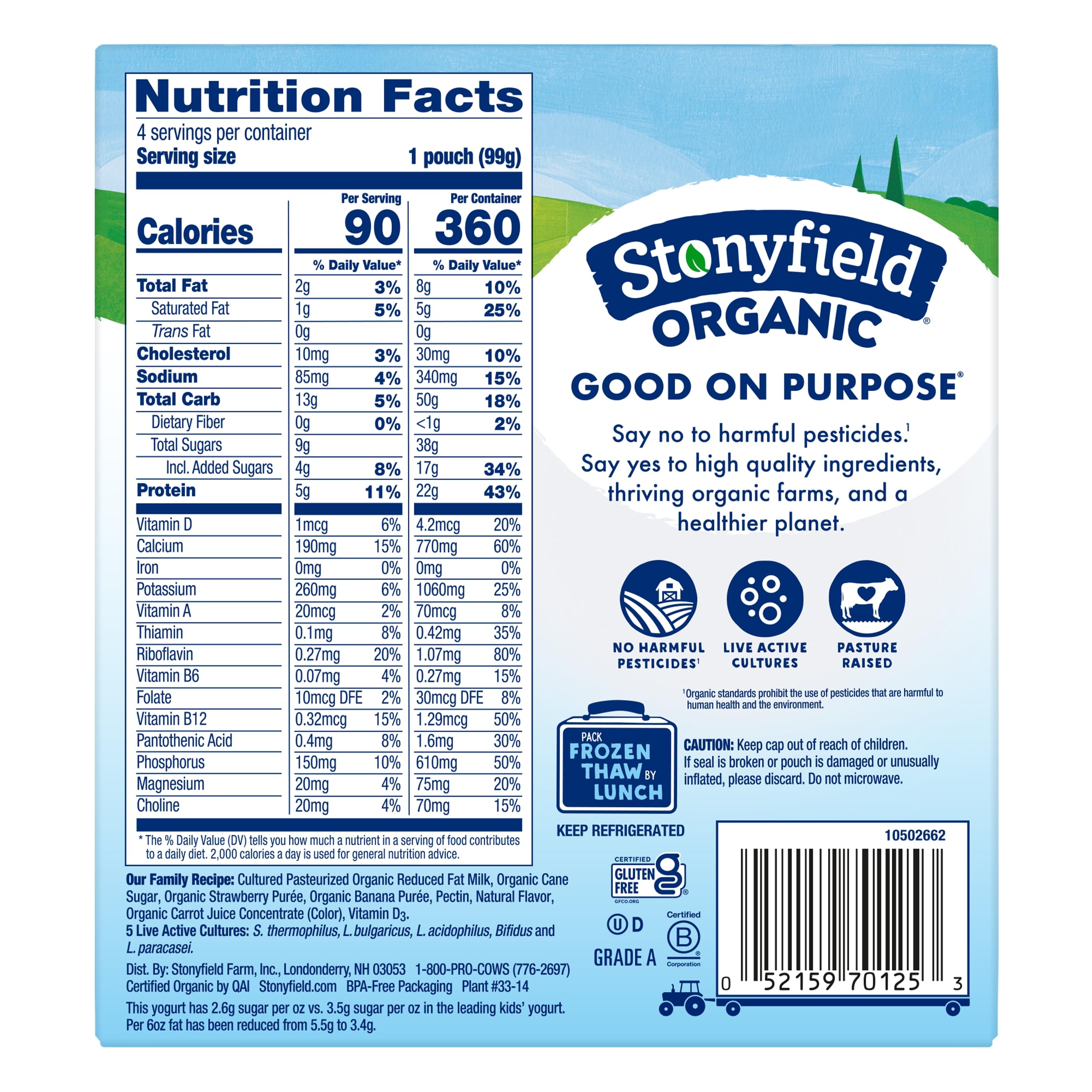 Stonyfield Organic Kids Strawberry Banana Lowfat Yogurt Pouches, 3.5 oz. Each, Includes Live Active Cultures, 4 count (pack of 1)