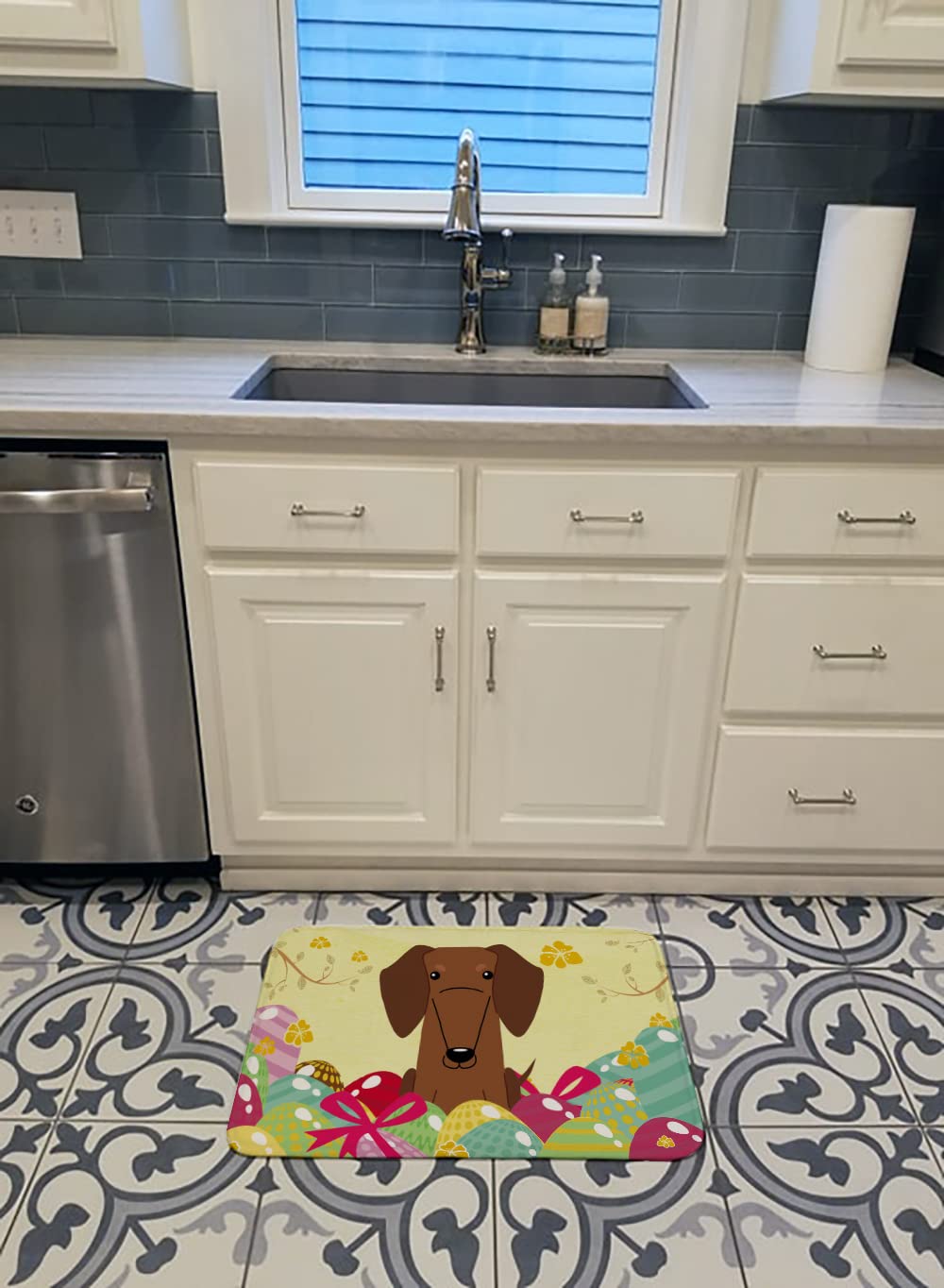 Caroline's Treasures BB6130RUG Easter Eggs Dachshund Red Brown Bath Mat Machine Washable Anti-Fatigue Memory Foam Kitchen Rug, 19 X 27, Multicolor