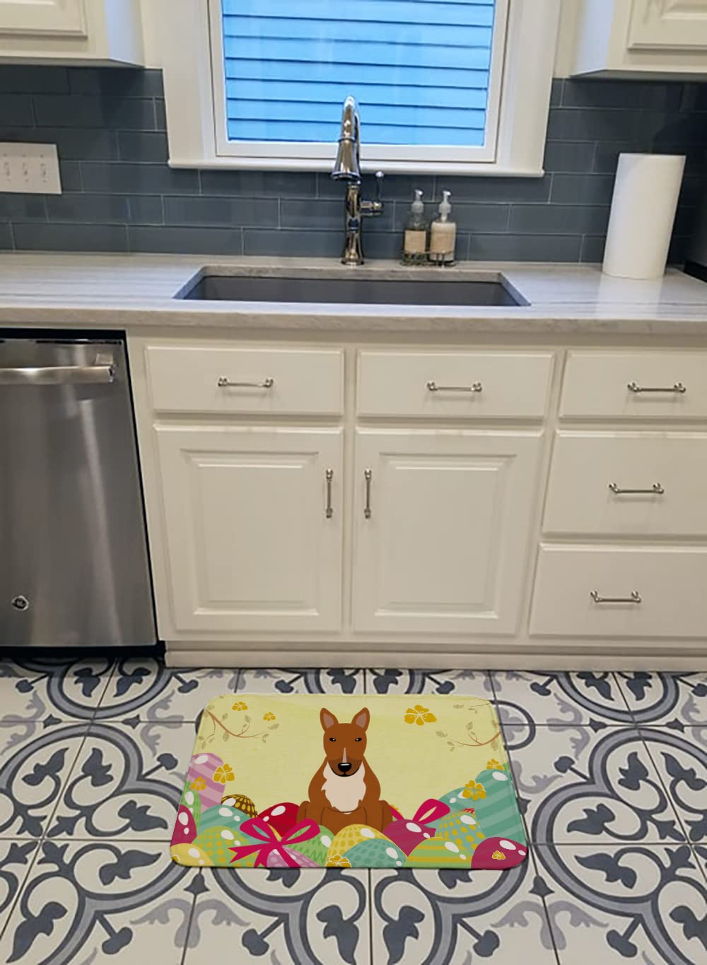 Caroline's Treasures BB6134RUG Easter Eggs Bull Terrier Red Machine Washable Memory Foam Mat, Bathroom Rug, Non-Slip Bath Mat, Durable Thick Washable Rugs for Kitchen, Bathroom Quick Dry, Decorative A