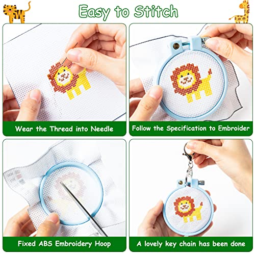 WATINC 5Pcs Embroidery Kit for Kids Stamped Cross Stitch DIY Key Chain with Safari Jungle Animals Patterns Needlepoint Starter Kits Educational Art Craft Supplies for Beginners Teens Adults Schoolbag
