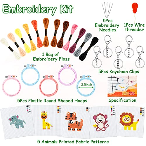WATINC 5Pcs Embroidery Kit for Kids Stamped Cross Stitch DIY Key Chain with Safari Jungle Animals Patterns Needlepoint Starter Kits Educational Art Craft Supplies for Beginners Teens Adults Schoolbag