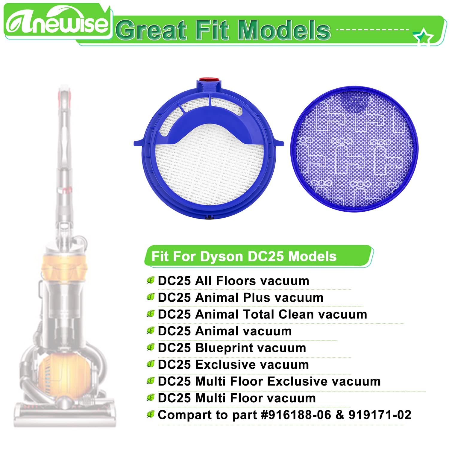 Anewise Filter Kits repalcement for Dyson dc25 vacuum Ball filters, Includes 1Pcs 919171-02 Washable Pre Motor Filter and 1Pcs 916188-05 Hepa filter, Fits DC-25 Models