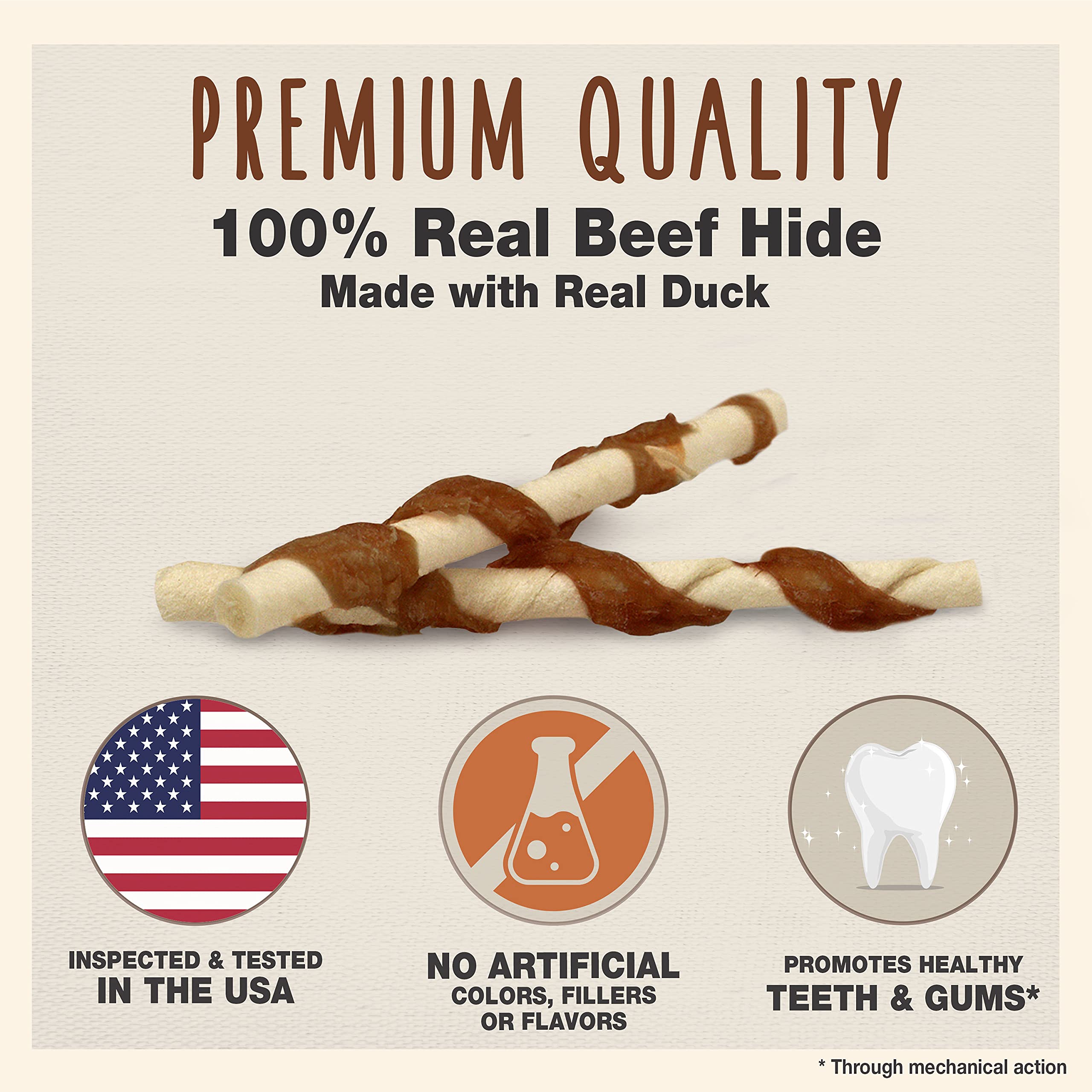 Cadet Gourmet Beef Hide Twist Chew Sticks, Long Lasting & Natural Chew Treats for Dogs, Inspected & Tested in USA, Duck Flavor (50 Count)
