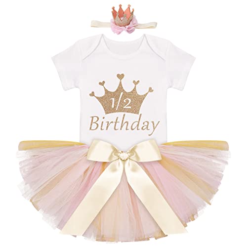 My 1/2 1st Birthday Outfit Baby Girls Shiny Crown Romper + Ruffle Tulle Skirt + Sequins Crown Flower Headband Glitter Party Dress up 3PCS Photo Cake Smash Clothes Set Gold 1/2 Birthday 3-6 Months
