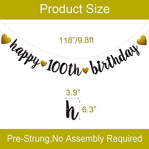 Happy 100th Birthday Banner, Pre-Strung,Black Glitter Paper Garlands for 100th Birthday Party Decorations Supplies, No Assembly Required,Black,SUNbetterland
