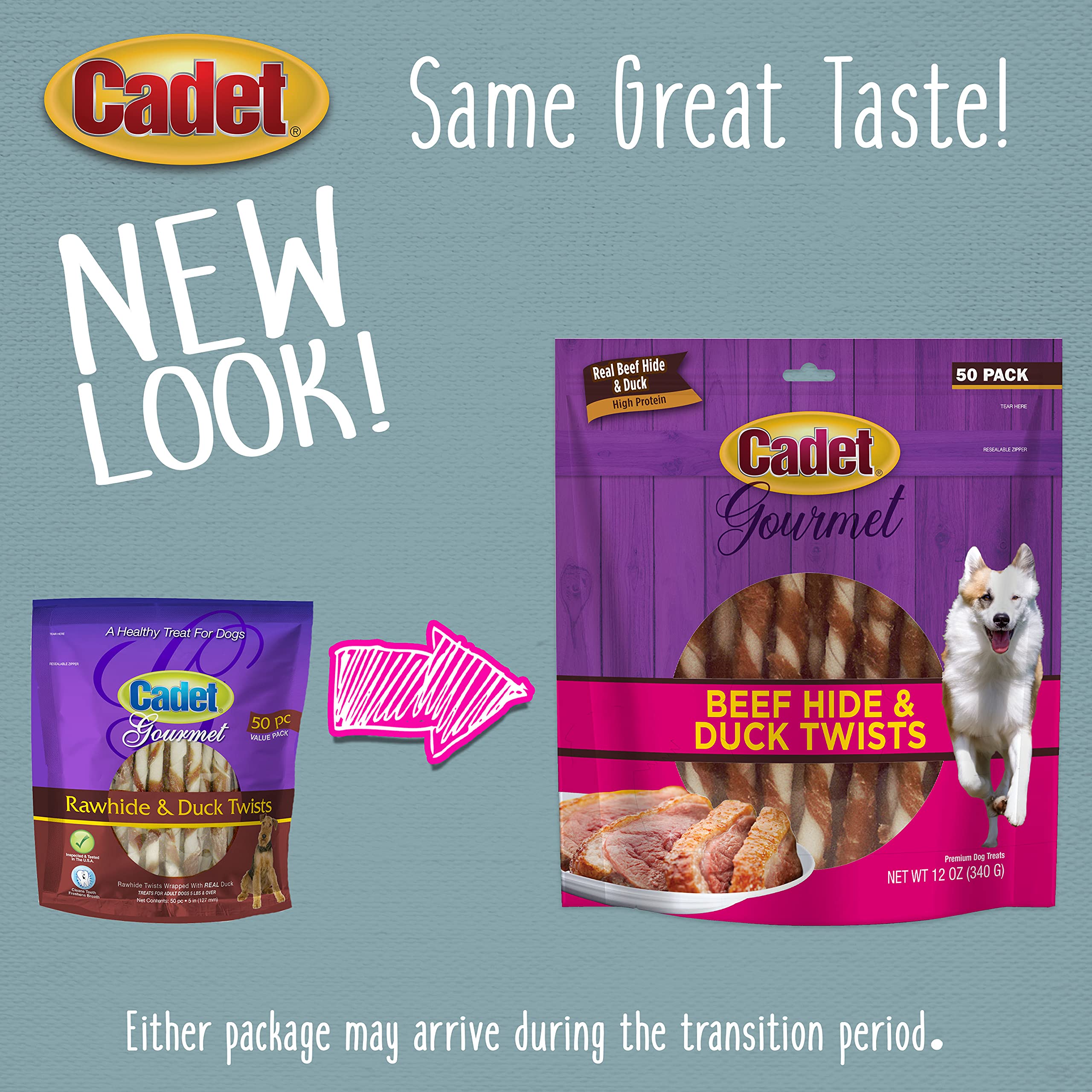 Cadet Gourmet Beef Hide Twist Chew Sticks, Long Lasting & Natural Chew Treats for Dogs, Inspected & Tested in USA, Duck Flavor (50 Count)