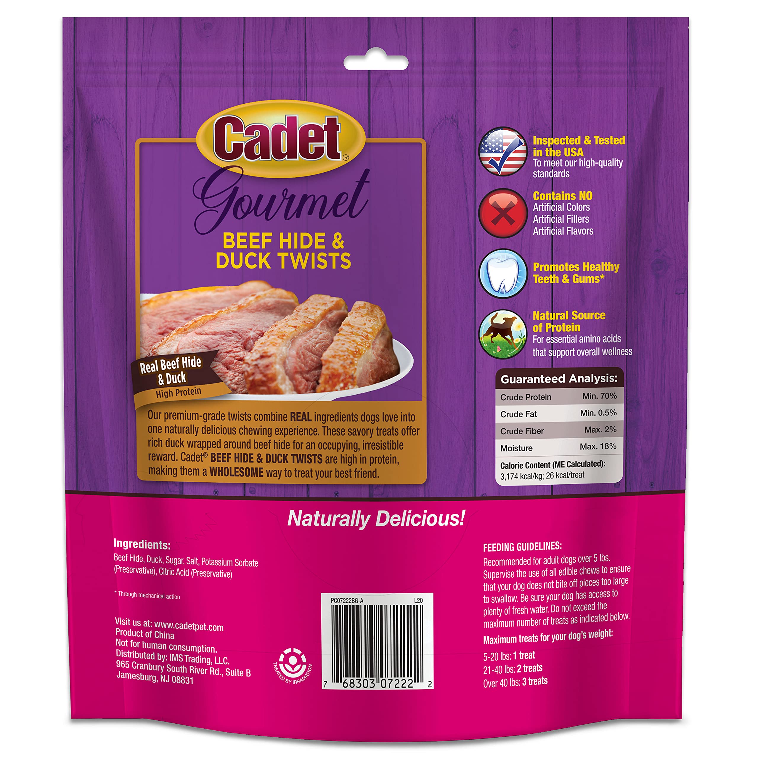 Cadet Gourmet Beef Hide Twist Chew Sticks, Long Lasting & Natural Chew Treats for Dogs, Inspected & Tested in USA, Duck Flavor (50 Count)