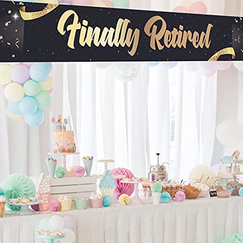 Finally Retired Large Banner, Happy Retirement Yard Sign Lawn Sign, Gold and Black Retirement Party Outdoor Indoor Backdrop 9.8 x 1.6 Feet