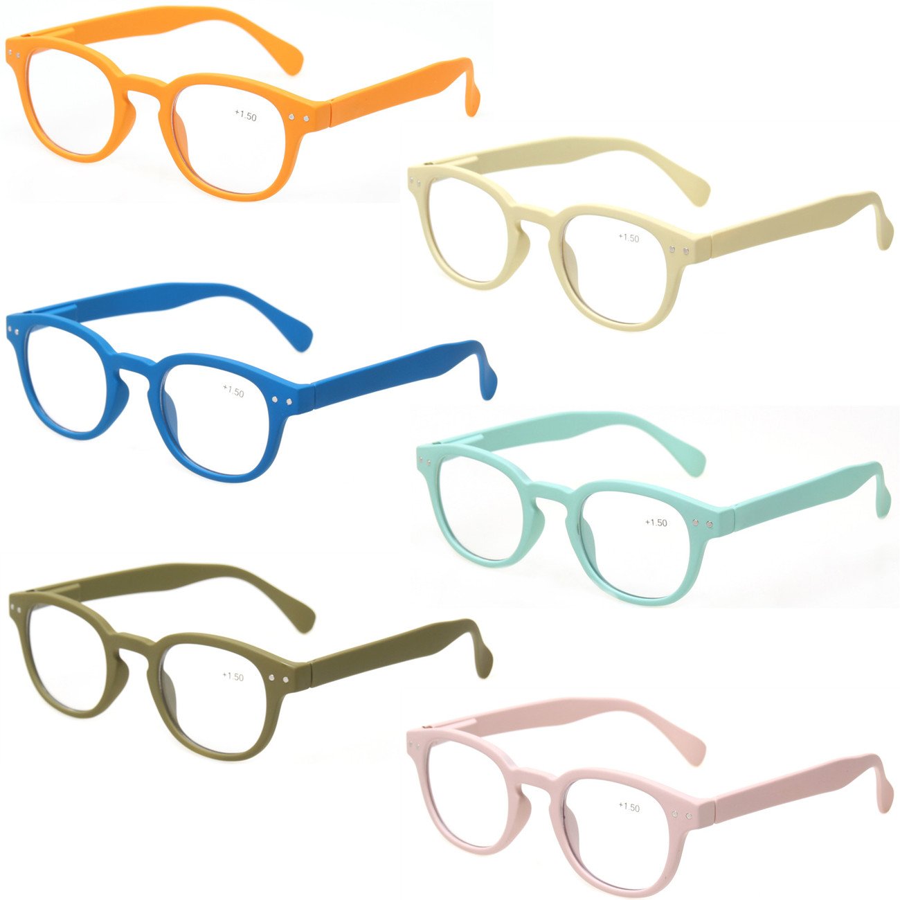 Kerecsen Reading Glasses 6 Pack Great Value Quality Readers Spring Hinge Color Glasses (6 Pairs MIx Color, 1.50)