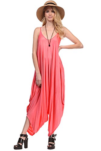 Solid Color Ladies Spaghetti Strap Loose Fit Harem Jumper Multi Color Available (Large, Coral)