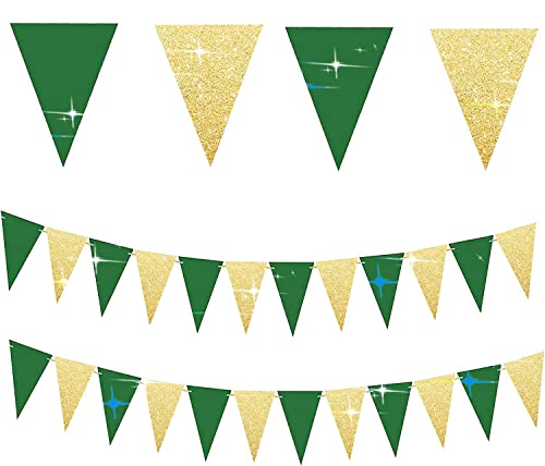 Graduation Party Decorations Green Gold 2023/St. Patrick’s Day Decorations/Birthday Party Decorations Green Gold 2pcs Glitter Gold Green Triangle Banners/Christmas Decorations/Spring Summer Party