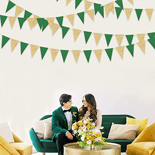 Graduation Party Decorations Green Gold 2023/St. Patrick’s Day Decorations/Birthday Party Decorations Green Gold 2pcs Glitter Gold Green Triangle Banners/Christmas Decorations/Spring Summer Party
