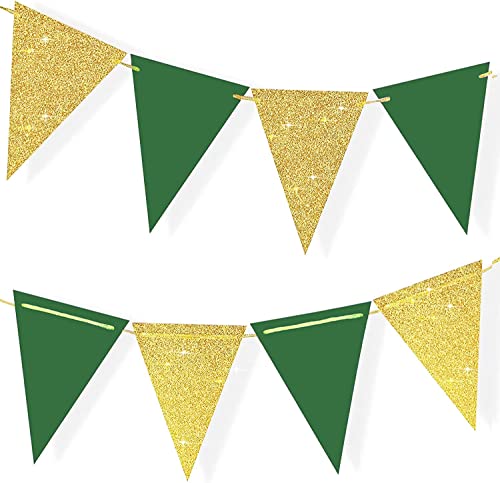 Graduation Party Decorations Green Gold 2023/St. Patrick’s Day Decorations/Birthday Party Decorations Green Gold 2pcs Glitter Gold Green Triangle Banners/Christmas Decorations/Spring Summer Party