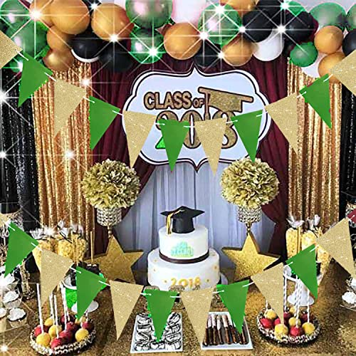 Graduation Party Decorations Green Gold 2023/St. Patrick’s Day Decorations/Birthday Party Decorations Green Gold 2pcs Glitter Gold Green Triangle Banners/Christmas Decorations/Spring Summer Party