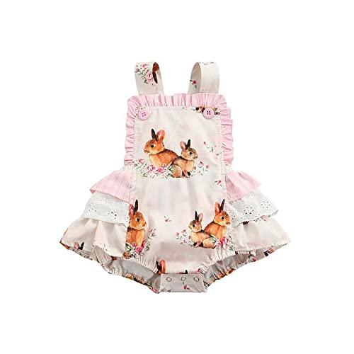 Amberetech Infant Easter Outfit Baby Girls Romper Toddler Bodysuit Cute Sleeveless Ruffle Bunny Printed Jumpsuit Clothes (12-18 Months, Pink)