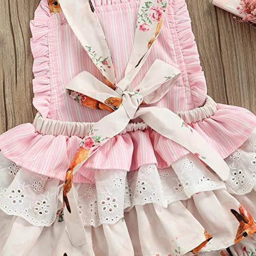 Amberetech Infant Easter Outfit Baby Girls Romper Toddler Bodysuit Cute Sleeveless Ruffle Bunny Printed Jumpsuit Clothes (12-18 Months, Pink)