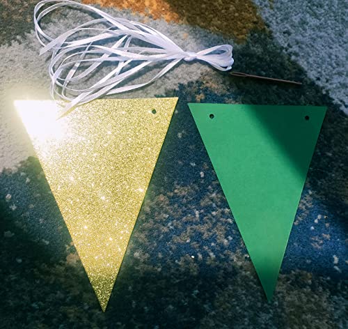 Graduation Party Decorations Green Gold 2023/St. Patrick’s Day Decorations/Birthday Party Decorations Green Gold 2pcs Glitter Gold Green Triangle Banners/Christmas Decorations/Spring Summer Party