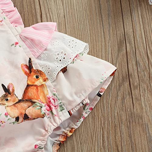 Amberetech Infant Easter Outfit Baby Girls Romper Toddler Bodysuit Cute Sleeveless Ruffle Bunny Printed Jumpsuit Clothes (12-18 Months, Pink)