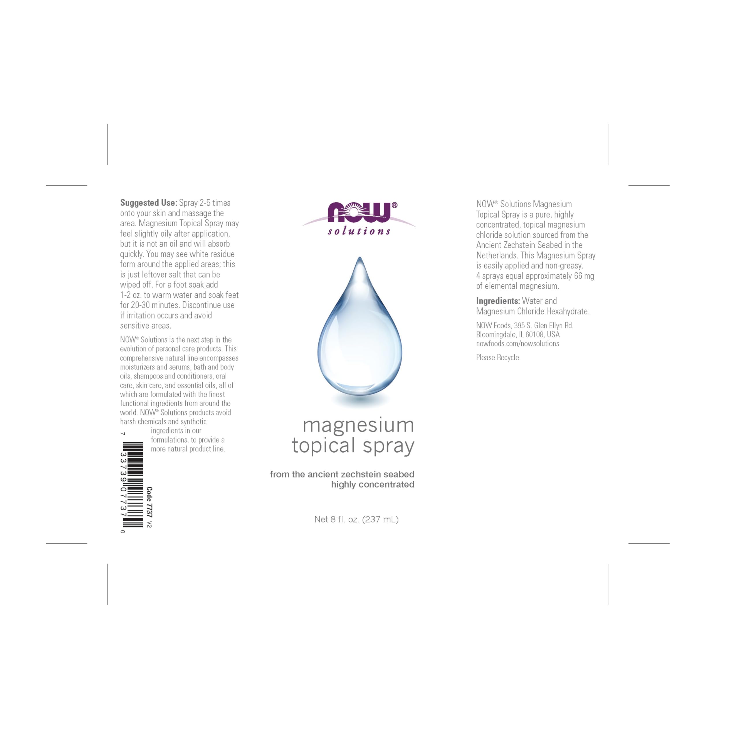 NOW Foods Solutions, Magnesium Topical Spray, from the Ancient Zechstein Seabed, Highly Concentrated, 8 Fl Oz (Pack of 1)