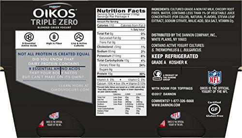 Oikos Triple Zero Strawberry Nonfat Greek Yogurt Pack, 0% Fat, Sugar Free and 0 Artificial Sweeteners, Just Delicious High Protein Yogurt, 4 Ct, 5.3 OZ Cups