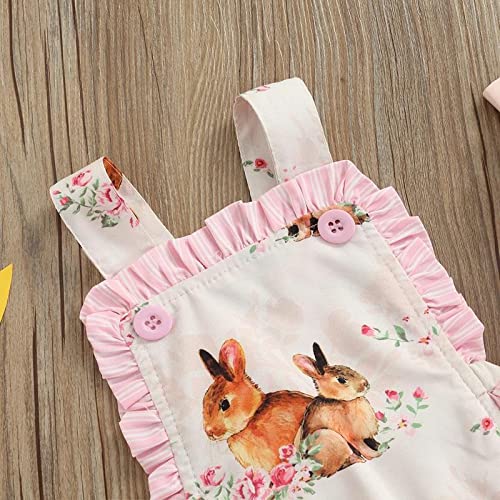Amberetech Infant Easter Outfit Baby Girls Romper Toddler Bodysuit Cute Sleeveless Ruffle Bunny Printed Jumpsuit Clothes (12-18 Months, Pink)