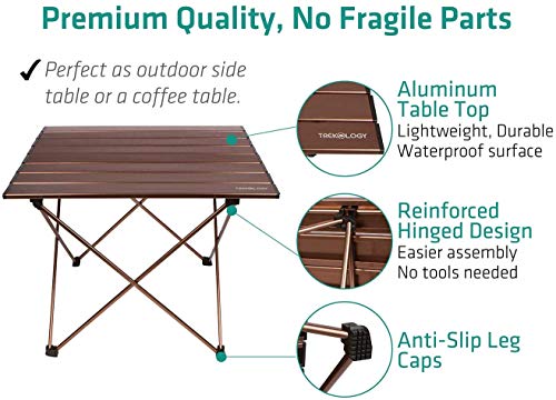 TREKOLOGY Camping/Beach Table with Aluminum Table Top – Portable Folding Table in a Bag for Beach, Picnic, Camp, Patio, Fishing, RV, Indoor (Brown, Large (27''x18''x16''))