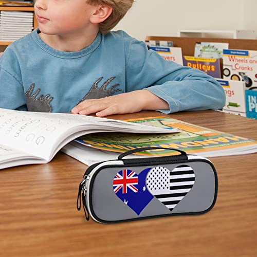 Australian Flag and American Flag PU Leather Pencil Pen Case Organizer Travel Makeup Handbag Portable Stationery Bag