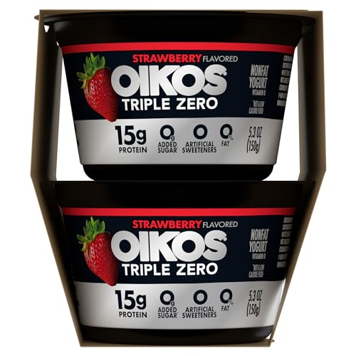 Oikos Triple Zero Strawberry Nonfat Greek Yogurt Pack, 0% Fat, Sugar Free and 0 Artificial Sweeteners, Just Delicious High Protein Yogurt, 4 Ct, 5.3 OZ Cups