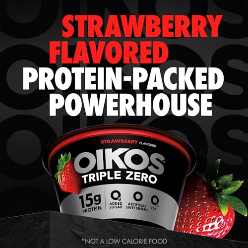 Oikos Triple Zero Strawberry Nonfat Greek Yogurt Pack, 0% Fat, Sugar Free and 0 Artificial Sweeteners, Just Delicious High Protein Yogurt, 4 Ct, 5.3 OZ Cups