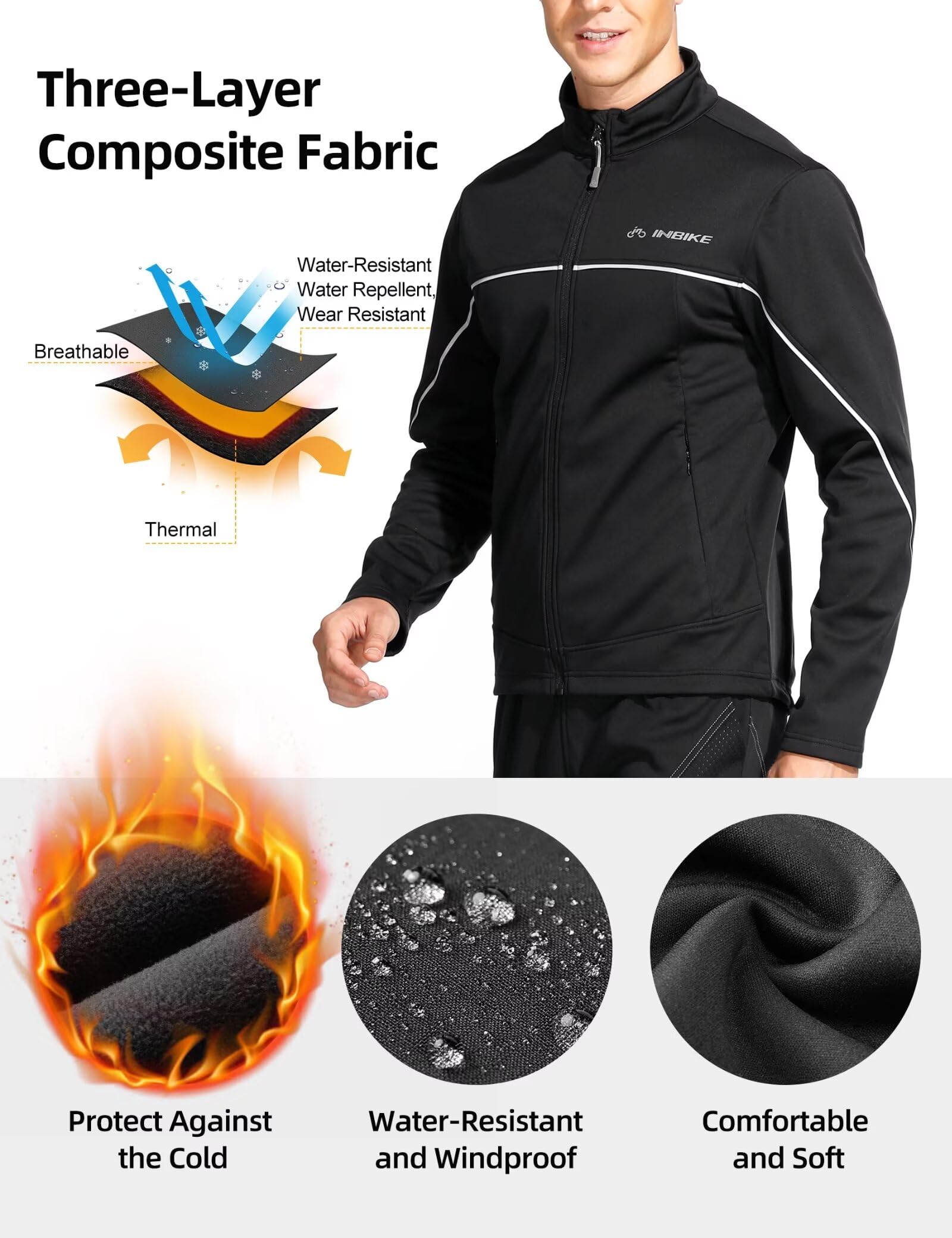 INBIKE Men's Cycling Jacket, Winter Fleece Thermal Windproof Soft Shell Wind Coat Black Small
