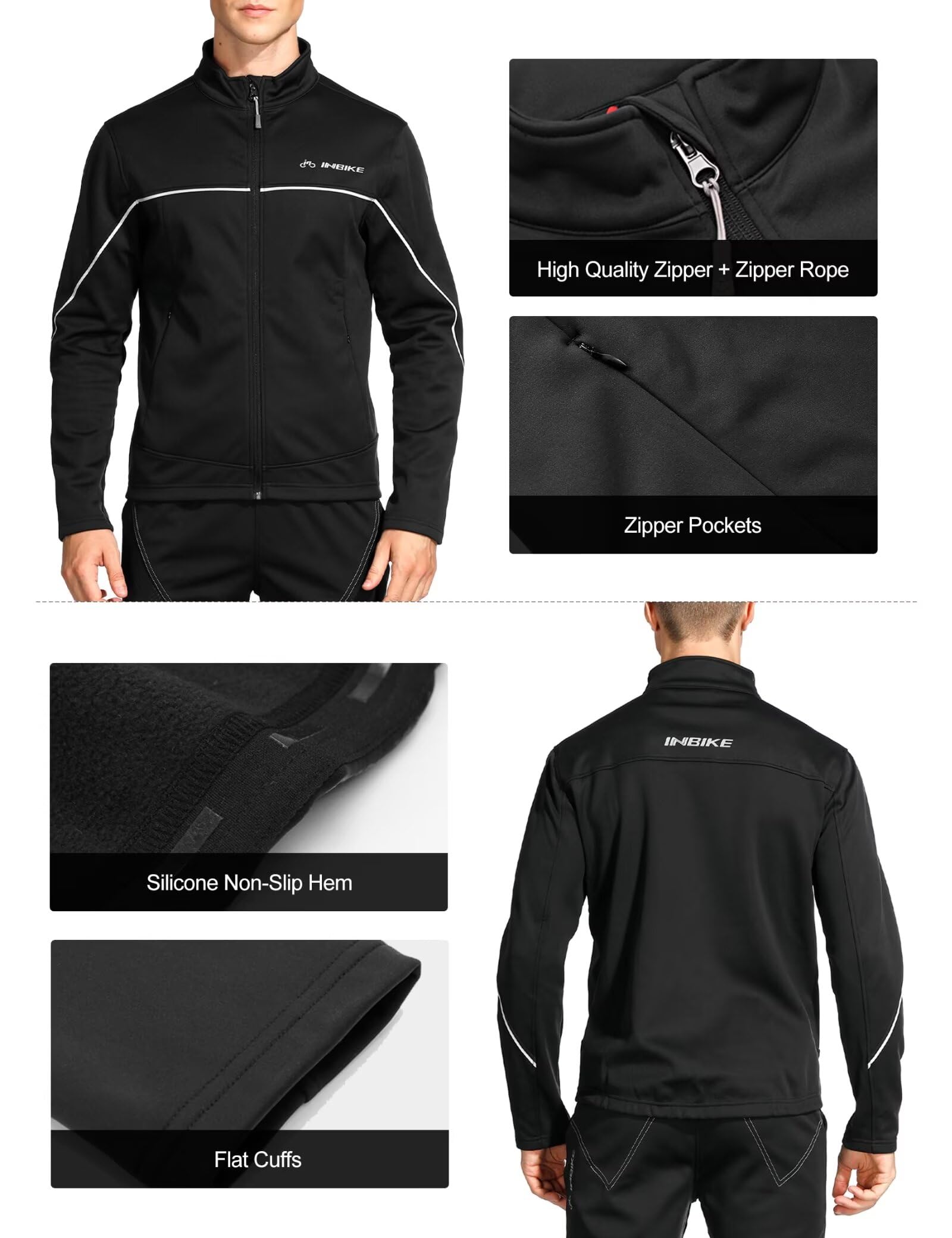 INBIKE Men's Cycling Jacket, Winter Fleece Thermal Windproof Soft Shell Wind Coat Black Small