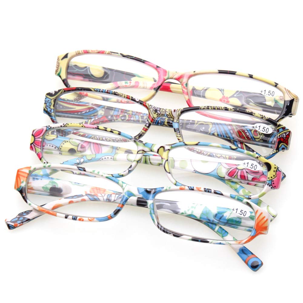 Kerecsen Reading Glasses 4 Fashion Women Eyeglasses With Floral Design Classic Spring Hinge Readers (2.25, 4 Pack Mix Color)