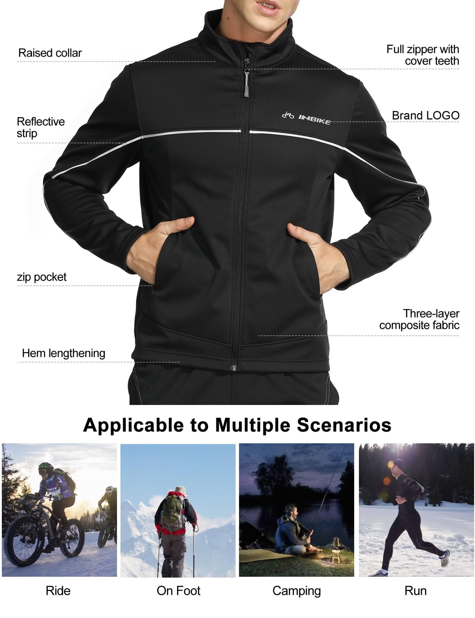 INBIKE Men's Cycling Jacket, Winter Fleece Thermal Windproof Soft Shell Wind Coat Black Small