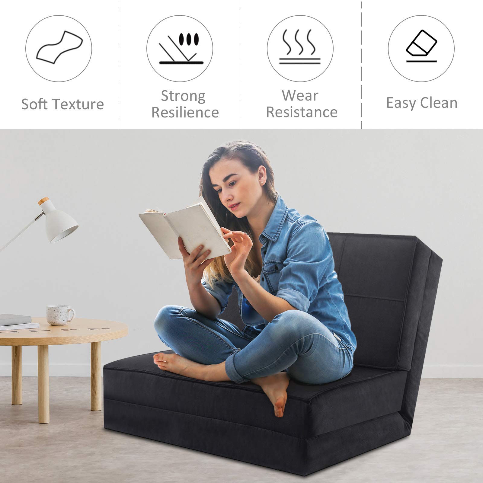 Giantex 5-Position Adjustable Convertible Flip Chair, Sleeper Dorm Game Bed Couch Lounger Sofa Chair Mattress Living Room Furniture, Black