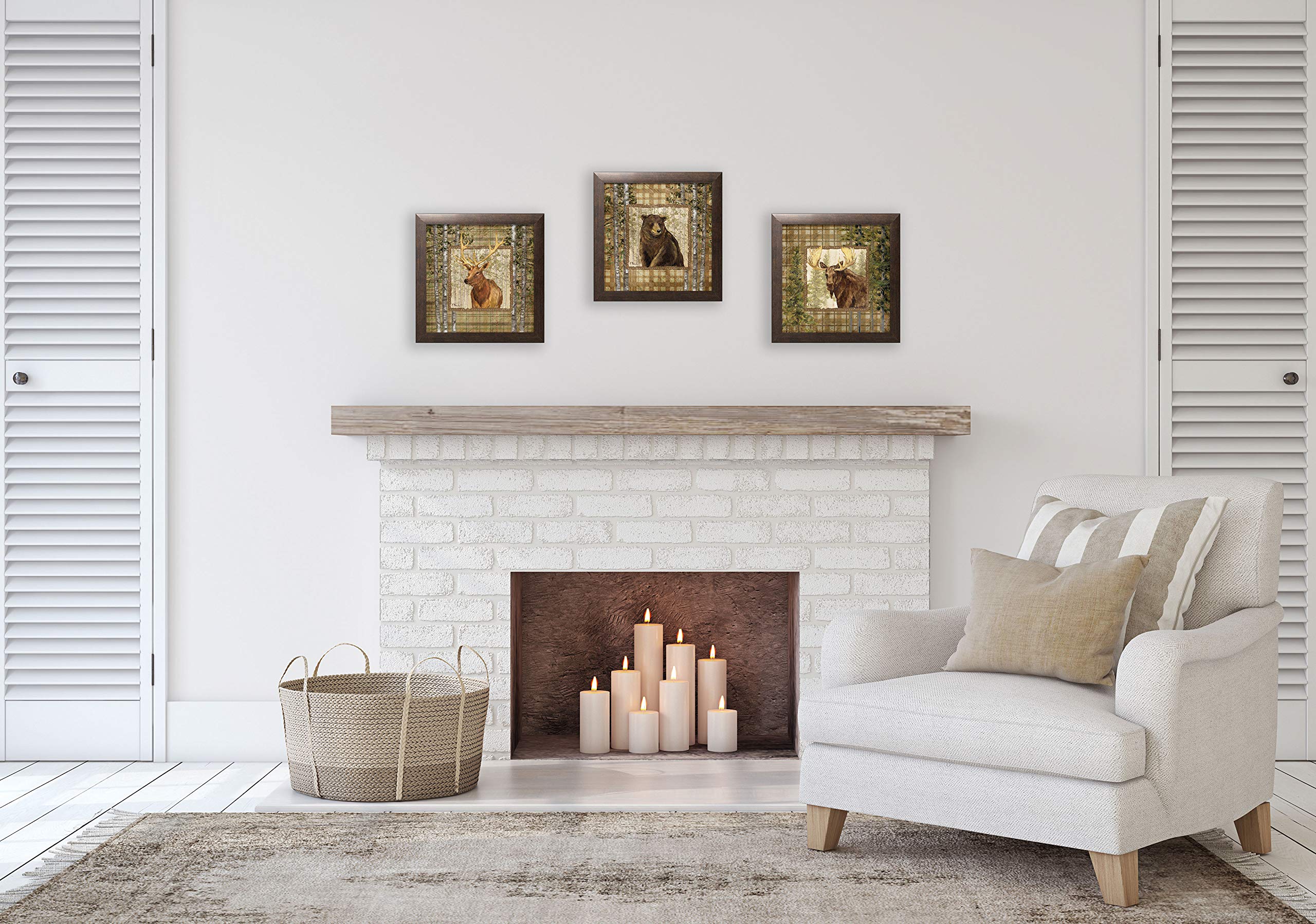 Rustic Cabin Moose Bear and Buck; Lodge Decor; Three 12x12in Brown Framed Prints, Ready to Hang!