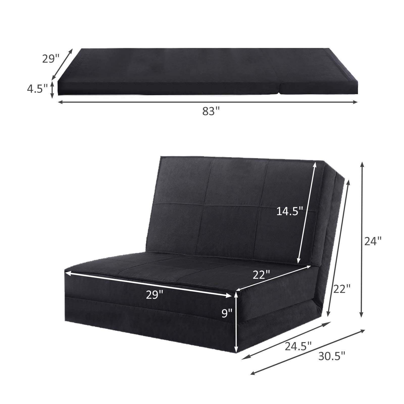 Giantex 5-Position Adjustable Convertible Flip Chair, Sleeper Dorm Game Bed Couch Lounger Sofa Chair Mattress Living Room Furniture, Black
