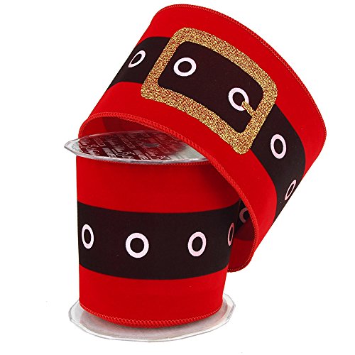 Santa Belt Christmas Velvet Ribbon Wired Edge, Red (4-Inch x 5-Yard)