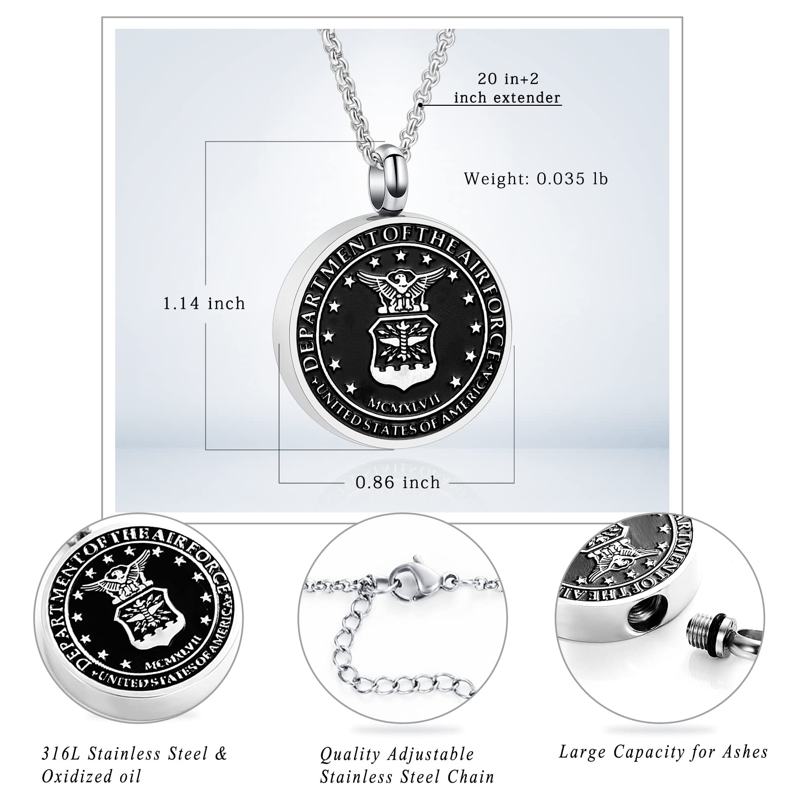 Hearbeingt Cremation Jewelry for Ashes USA Army/Air Force/Navy/Firefighter Memorial Urn Necklace for Ashes Keepsake Pendant for Women Men(Air Force)