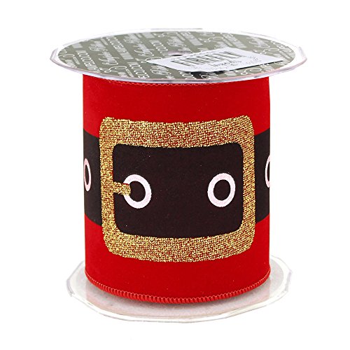 Santa Belt Christmas Velvet Ribbon Wired Edge, Red (4-Inch x 5-Yard)