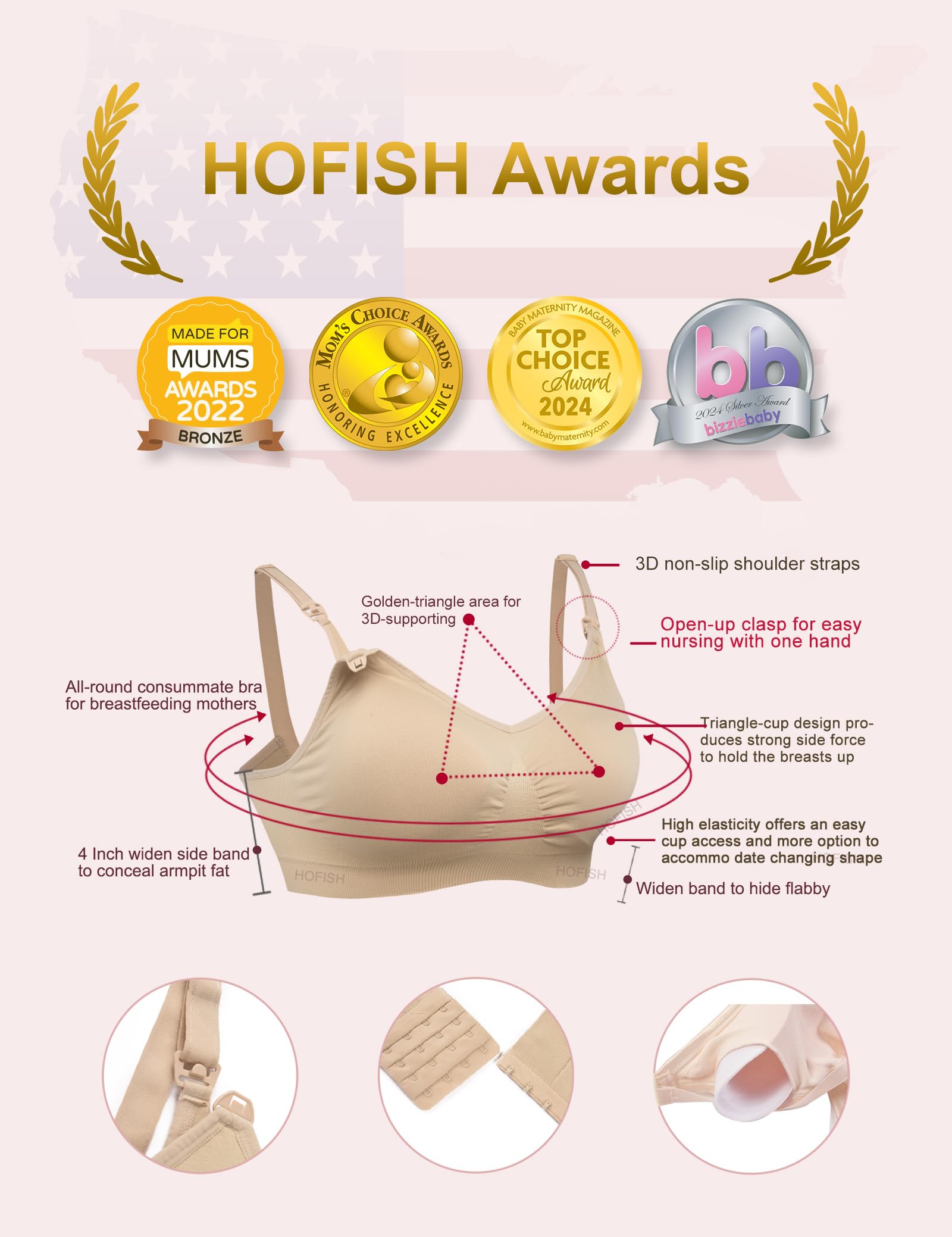 HOFISH Women's Full Cup Lightly Padded Wirefree Maternity Breastfeeding Nursing Bra, 3PCS/Pack(Pink-Black-Beige), L