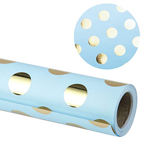 RUSPEPA Wrapping Paper Roll - Gold Foil Dots Baby Blue Background Design for Wedding, Birthday, Shower, Congrats, and Holiday - 30 inches x 32.8 feet