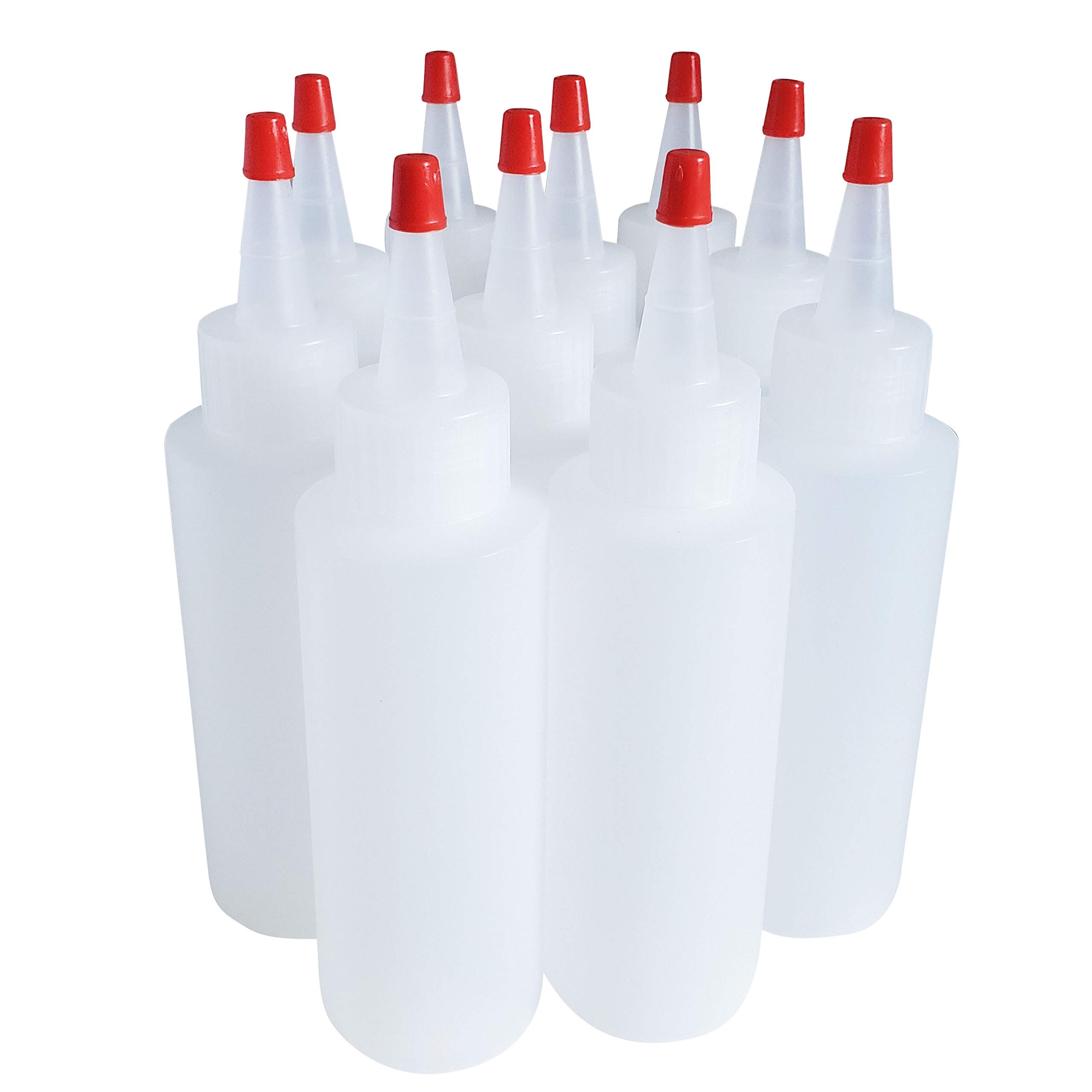kelkaa 4oz HDPE Durable Plastic Squeeze Bottles with Yorker Red Cap Natural Clear Bottles for Food, Crafts, Any DIY Liquid Products, Multi Purpose Refillable Bottles (Pack of 10)