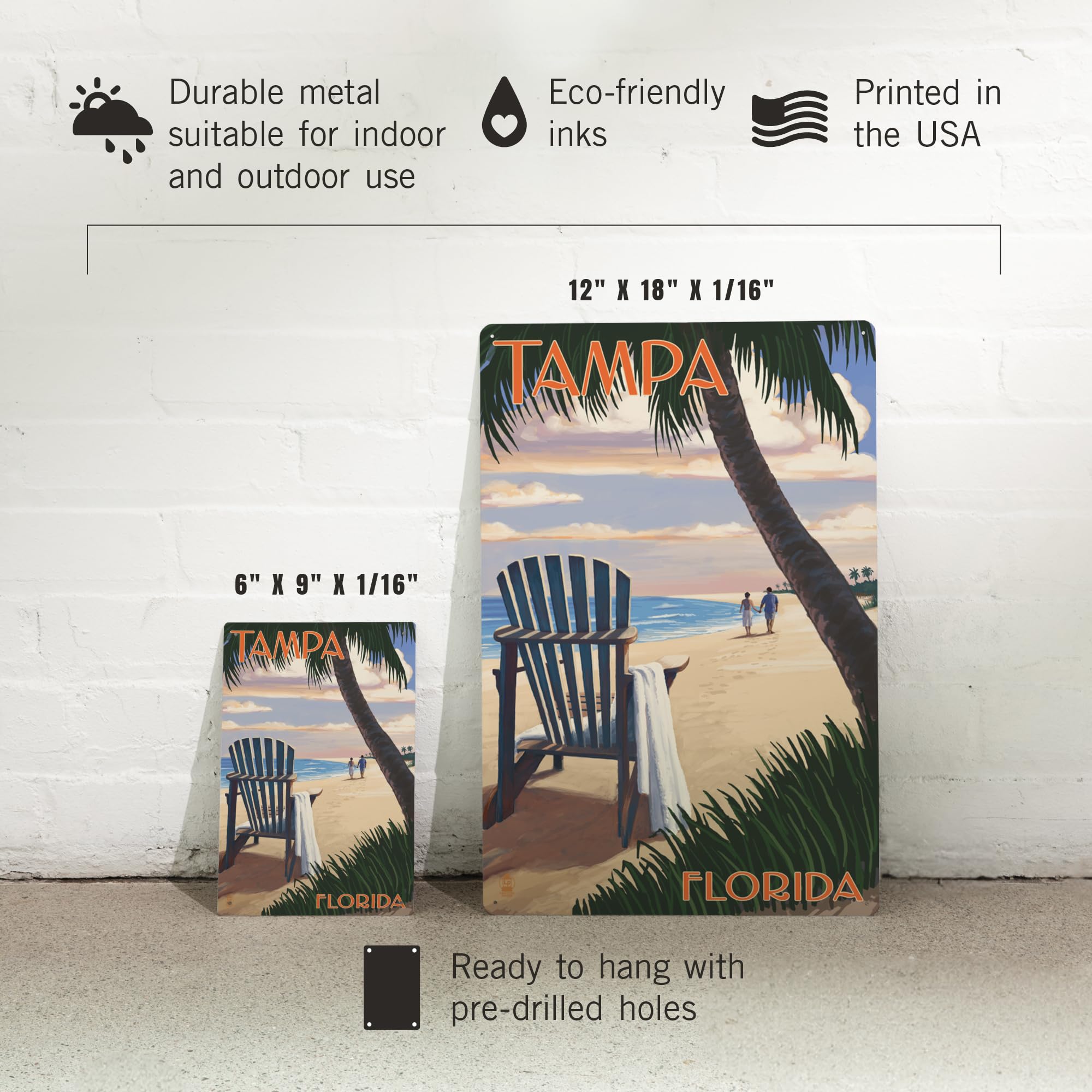 Lantern Press 12x18 Inch Metal Sign, Tampa, Florida, Adirondack Chair on The Beach