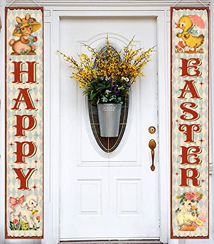 Vintage Easter Banner-Happy Easter Front Door Porch Sign Banner Vintage Easter Decorations Backdrop for Easter Party Supplies Outdoor
