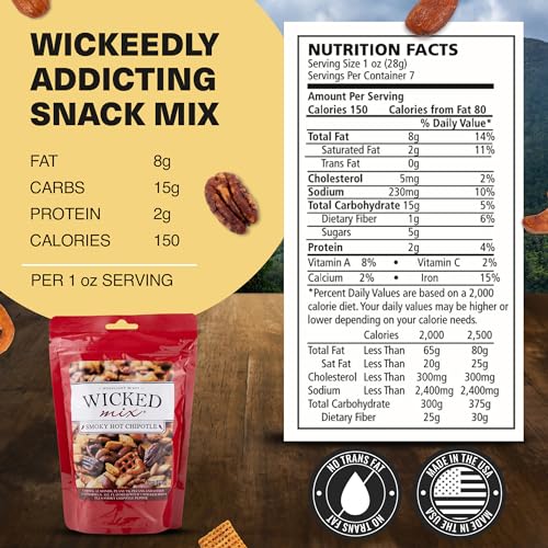 Wicked Mix Snack Mix with Mixed Nuts - Sweet and Salty Snacks Trail Mix Snack Packs with Almonds, Cashews, Pretzels, Pecans - Healthy Snacks Zero Trans Fat in Resealable Bag (Smoky Hot Chipotle, Case of 12)
