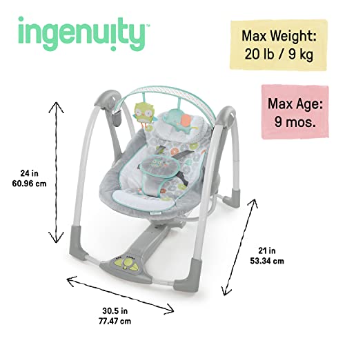 Ingenuity 5-Speed Portable Baby Swing with Music, Nature Sounds & Battery-Saving Technology - Hugs & Hoots, Swing 'n Go, 0-9 Months