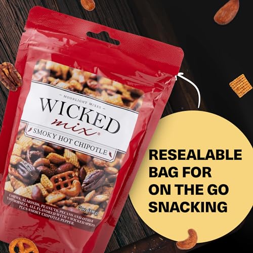 Wicked Mix Snack Mix with Mixed Nuts - Sweet and Salty Snacks Trail Mix Snack Packs with Almonds, Cashews, Pretzels, Pecans - Healthy Snacks Zero Trans Fat in Resealable Bag (Smoky Hot Chipotle, Case of 12)