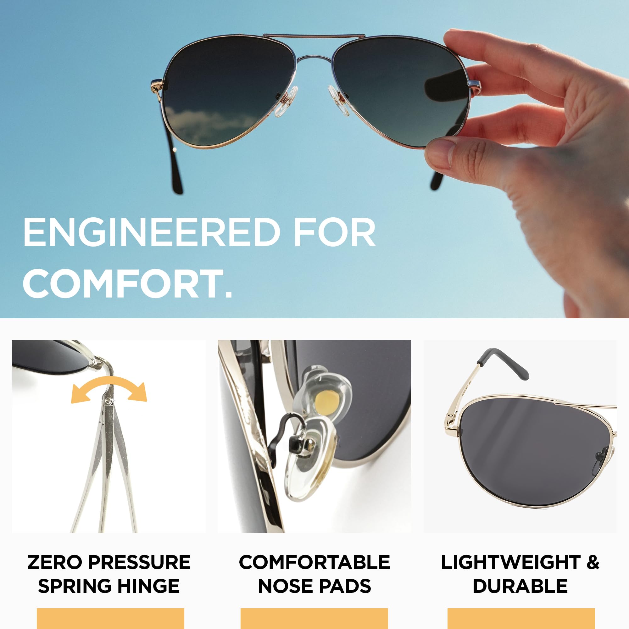 J+S Premium Military Style Classic Aviator Sunglasses, Polarized, 100% UV protection for Men Women (Large Frame - Silver Frame/Blue Mirror Lens